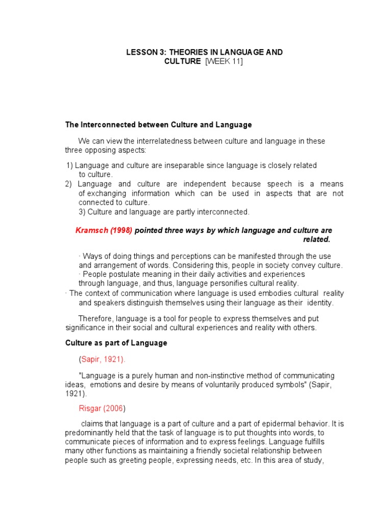 Discussion: Lesson 3: Theories in Language and Culture (Week 11) | PDF ...