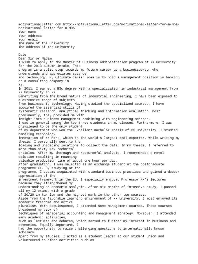 Motivational Letter For A MBA | PDF | Master Of Business Administration ...