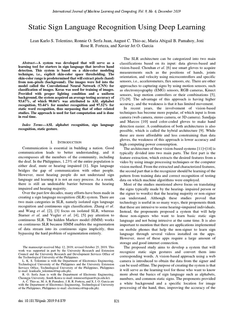 Static Sign Language Recognition Using Deep Learning | PDF