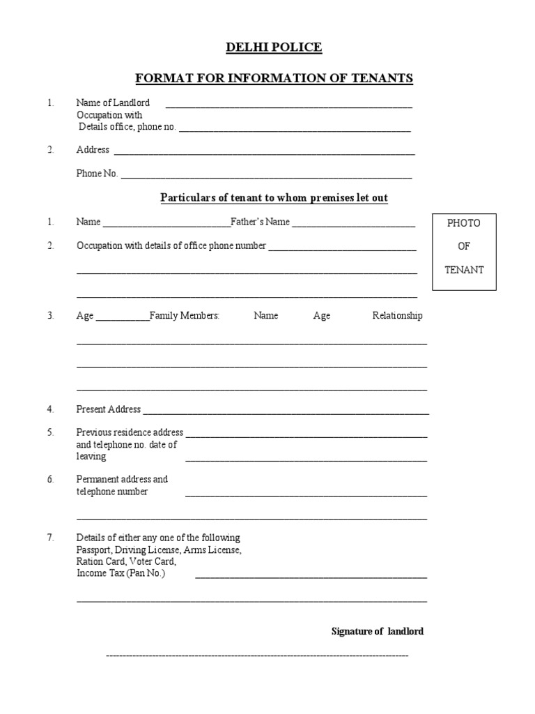 Delhi Police Format For Information of Tenants: Particulars of Tenant ...