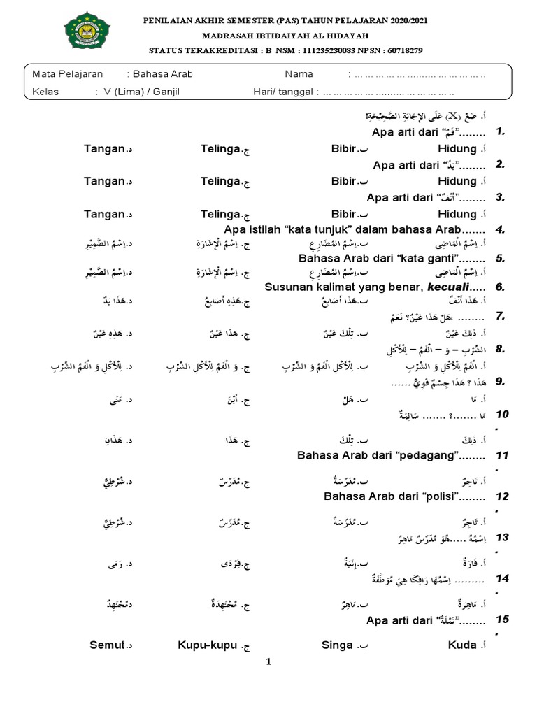 Soal Pas Bahasa Arab Kelas 5 Ganjil | PDF