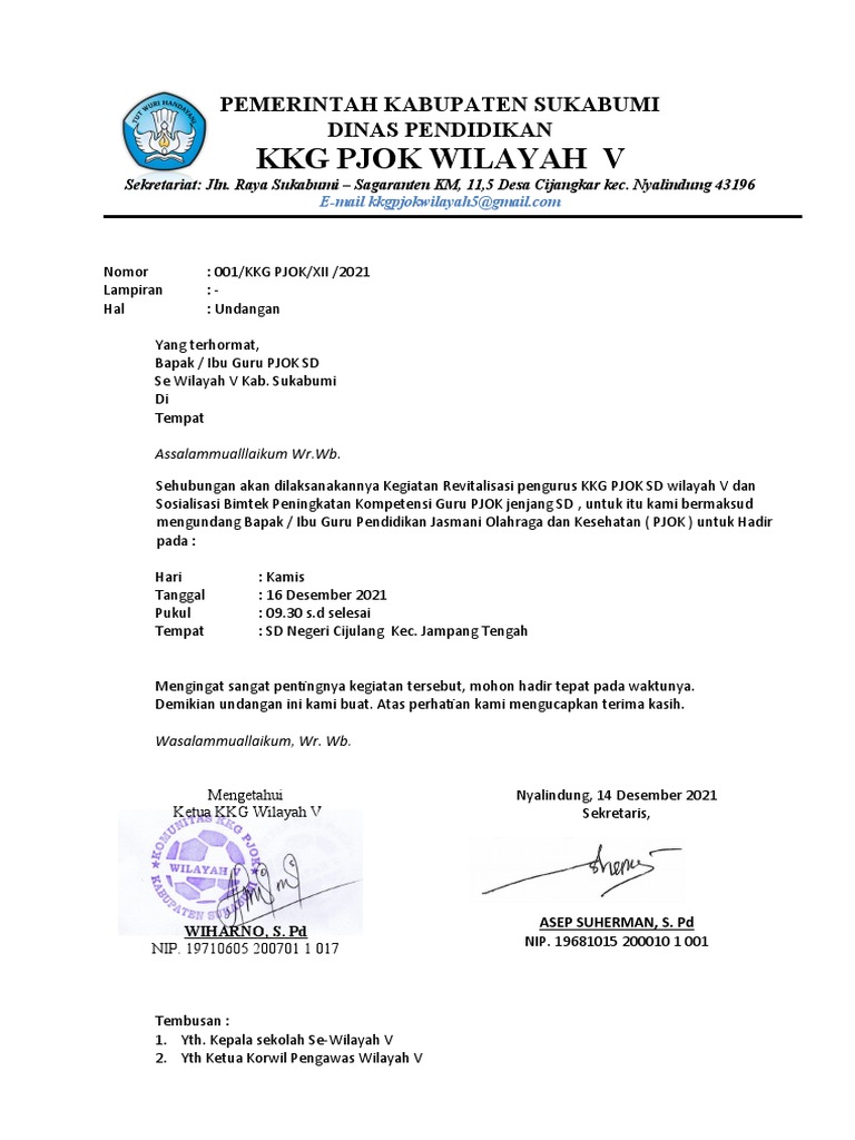 SURAT UNDANGAN KKG Pjok 2021 | PDF