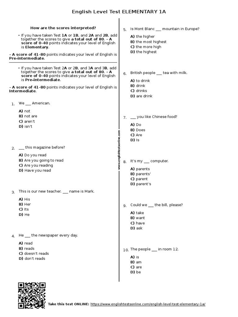 English Level Test ELEMENTARY 1A | PDF