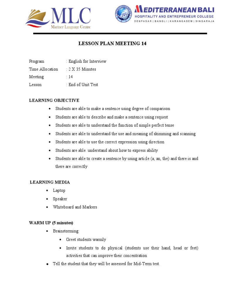 Lesson Plan GE 14 End of Unit Test | PDF | Lesson Plan | Education Theory