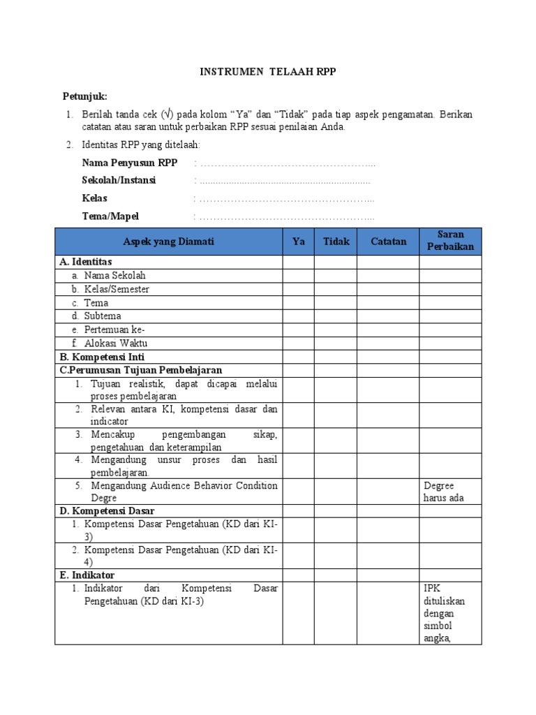 Instrumen Telaah RPP | PDF | Karier & Perkembangan