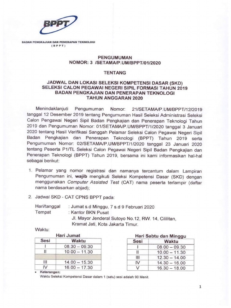 Pengumuman SKD Seleksi CPNS BPPT Th. 2019 | PDF