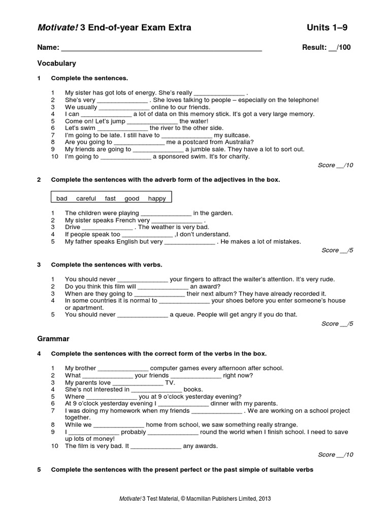 Motivate! 3 End-Of-Year Exam Extra: Units 1-9 | PDF