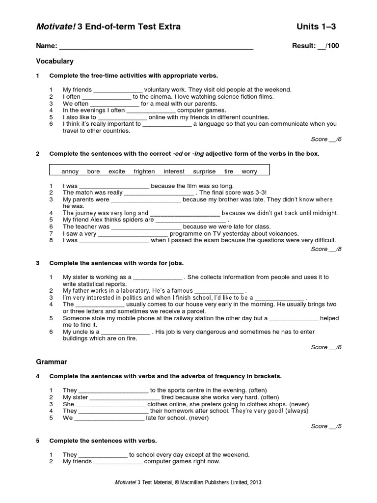 Motivate! 3 End-Of-Term Test Extra: Units 1 - 3 | PDF | Sentence ...