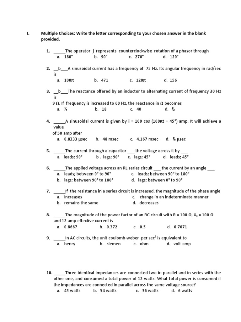 Understanding AC Circuit Concepts: Answers to Multiple Choice Questions ...