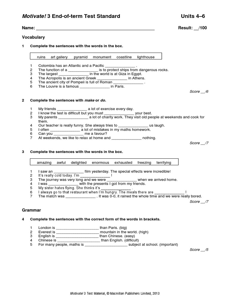 Motivate! 3 End-Of-Term Test Standard: Units 4 - 6 | PDF