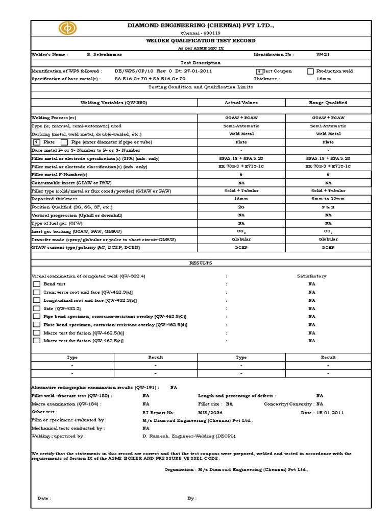 Diamond Engineering (Chennai) PVT LTD.,: Welder Qualification Test ...