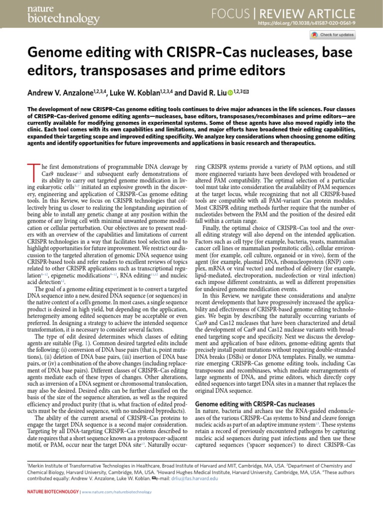 Genome Editing With CRISPR-Cas Nucleases, Base Editors, Transposases ...