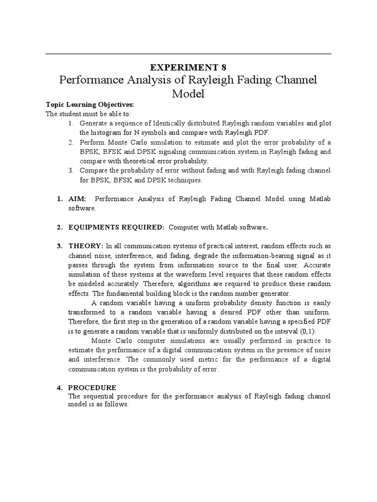 Performance Analysis of Rayleigh Fading Channel Model: Experiment 8 ...