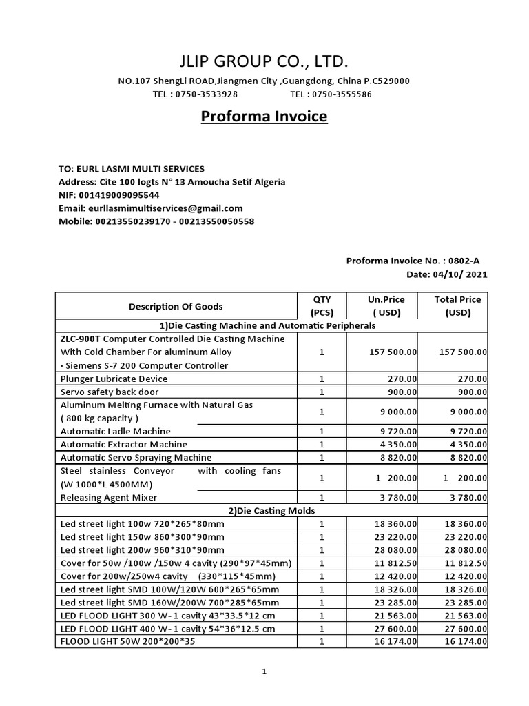 Proforma Invoice Final CFR | PDF | Mechanical Engineering | Secondary ...