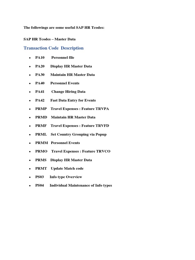 Sap HR Tcodes | PDF | Computer Science | Software Engineering