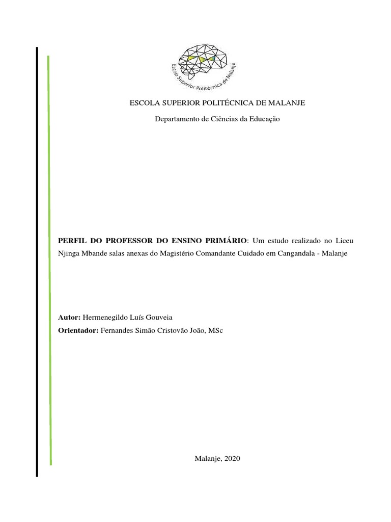 Perfil Do Professor Do Ensino Primário: Um Estudo Feito No Liceu Nginga ...