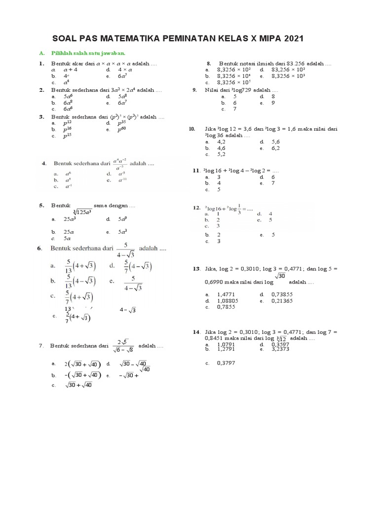 Soal Pas Matmin 1o Mipa 1 | PDF