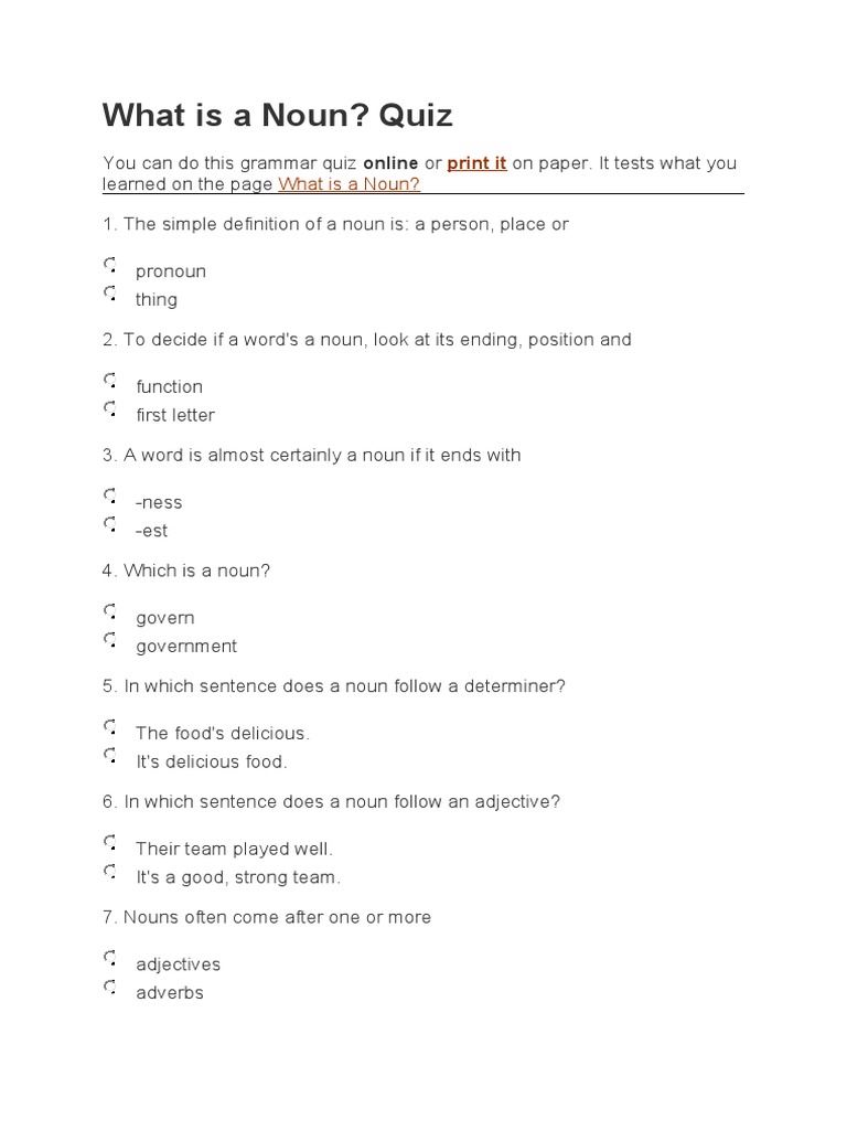 What Is A Noun Quiz | PDF