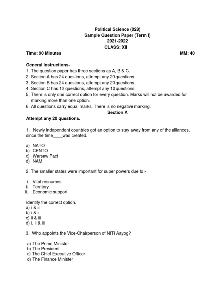 Political Science Sample Question Paper for Class XII Exam Focuses on ...