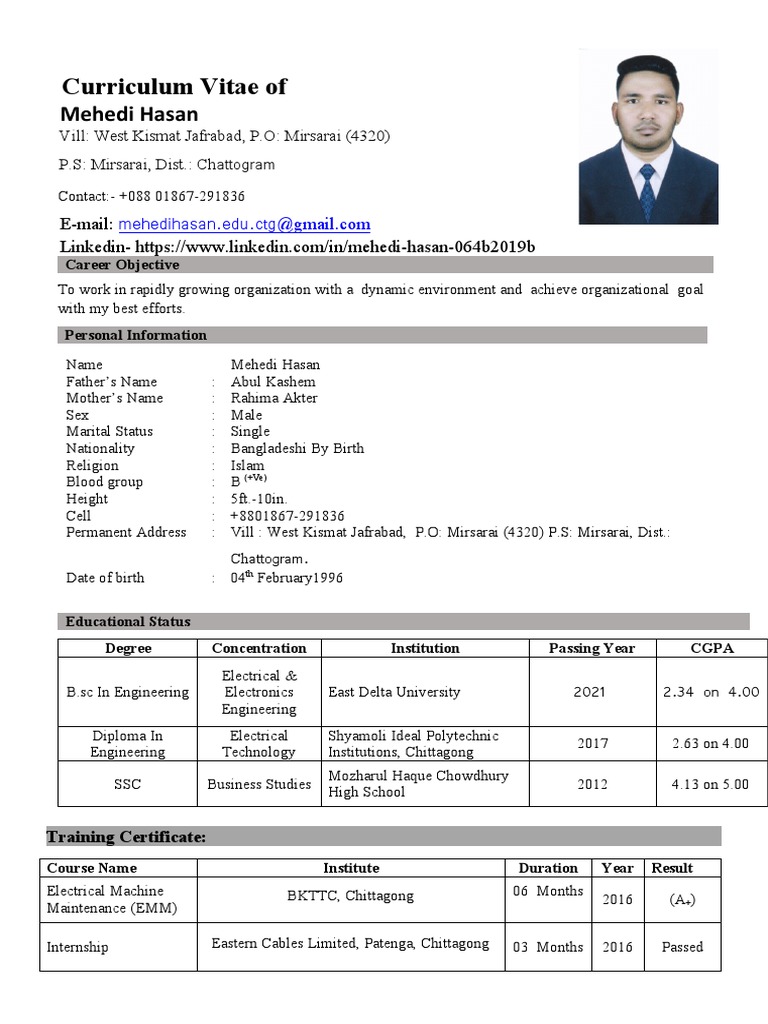 CV Mehedi Hasan Electrical Engineer | PDF | Bangladesh | Engineering