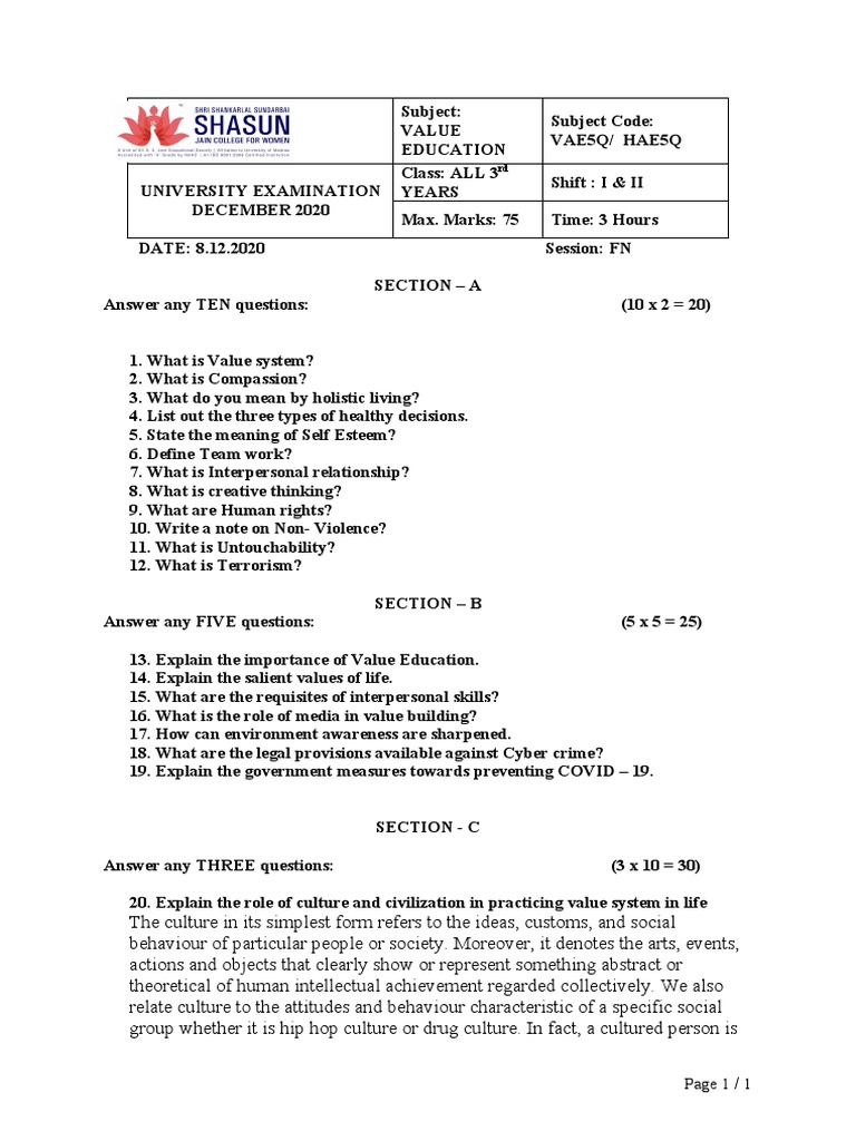Value Education Exam Questions & Answers | PDF | Value (Ethics) | Society