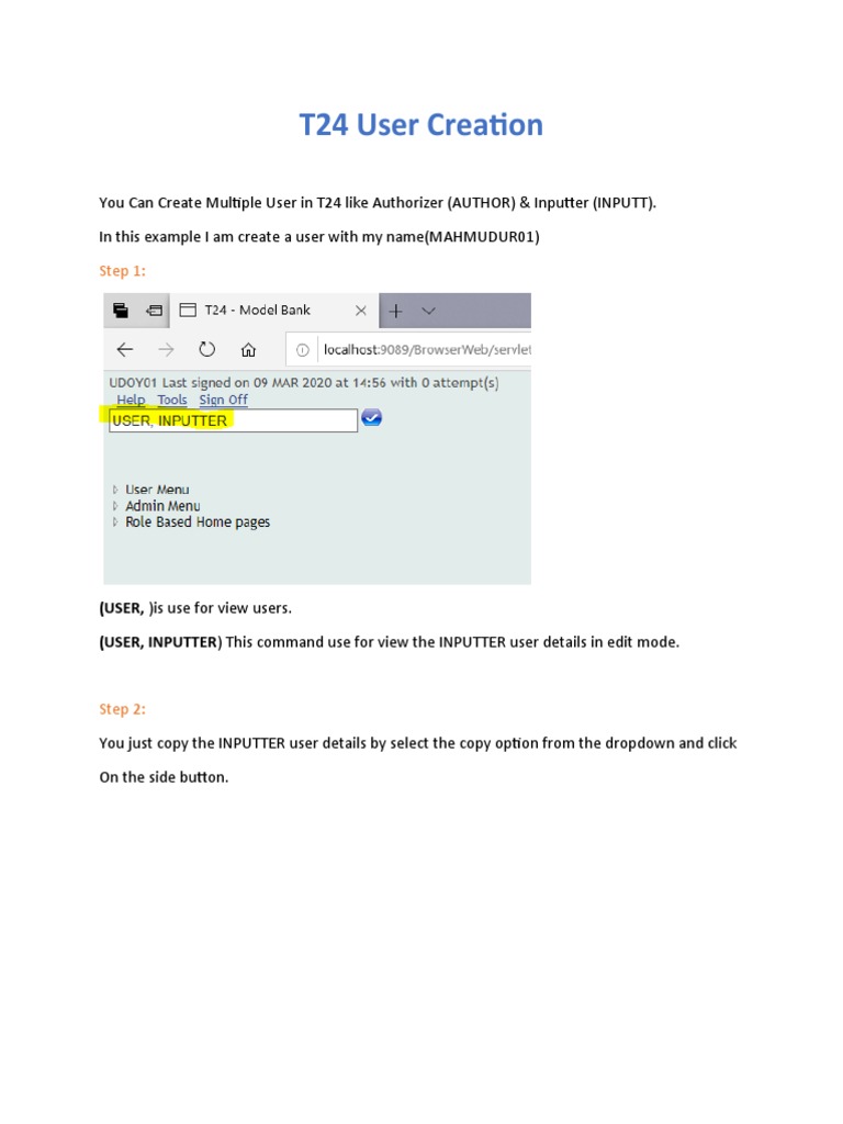 Create user in T24 banking system | PDF