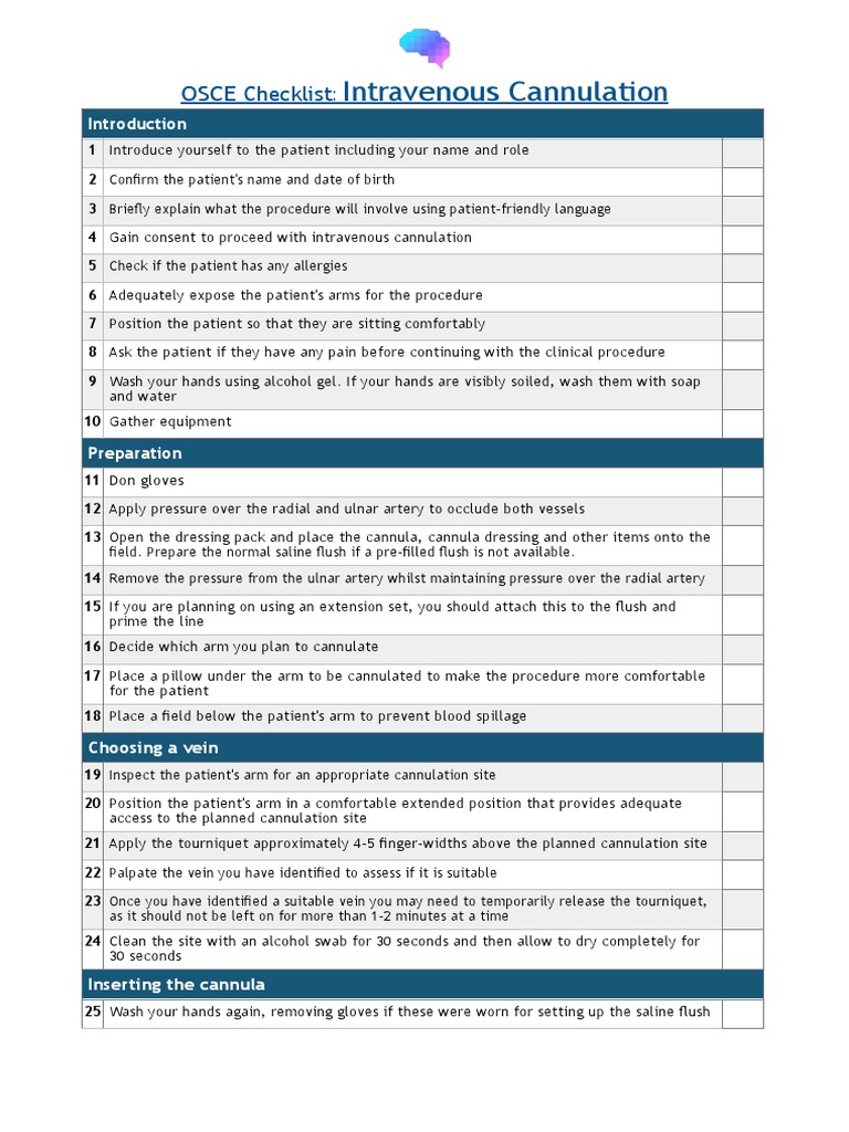 I N TR A V Enou S Cannul A Tion: OSC E Checklist | PDF | Intravenous ...