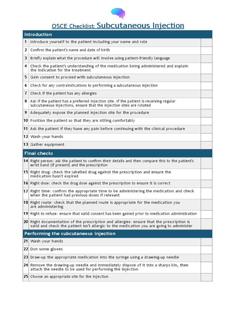 Subcutaneou S Injection: OSC E Checklist | PDF | Injection (Medicine ...