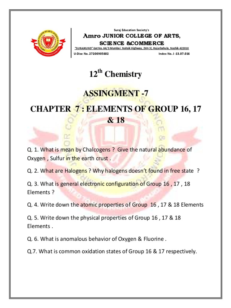12 TH Chemistry Assignment 7 Elements of Group 16,17,18 | PDF ...