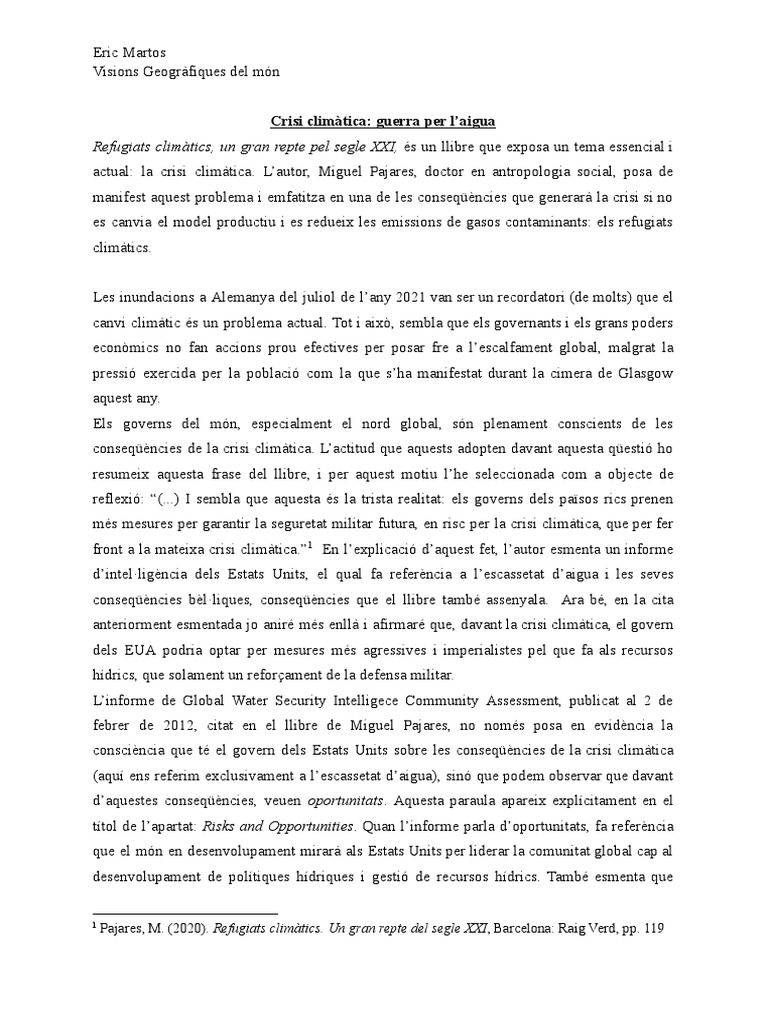 Assaig Refugiats Climàtics, Un Gran Repte Pel Segle XXI Eric Martos | PDF