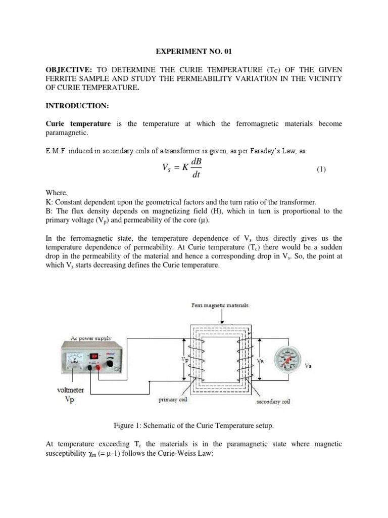 Experiment No. 01 Objective: To Determine The Curie Temperature (T ...