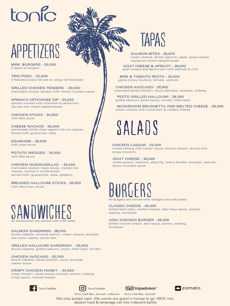 Tonic Cafe Bar Menu Overview | PDF | Hamburgers | Sauce