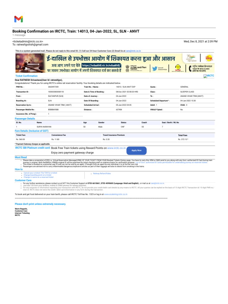 Gmail - Booking Confirmation On IRCTC, Train - 14013, 04-Jan-2022, SL, SLN - ANVT | PDF | Credit ...