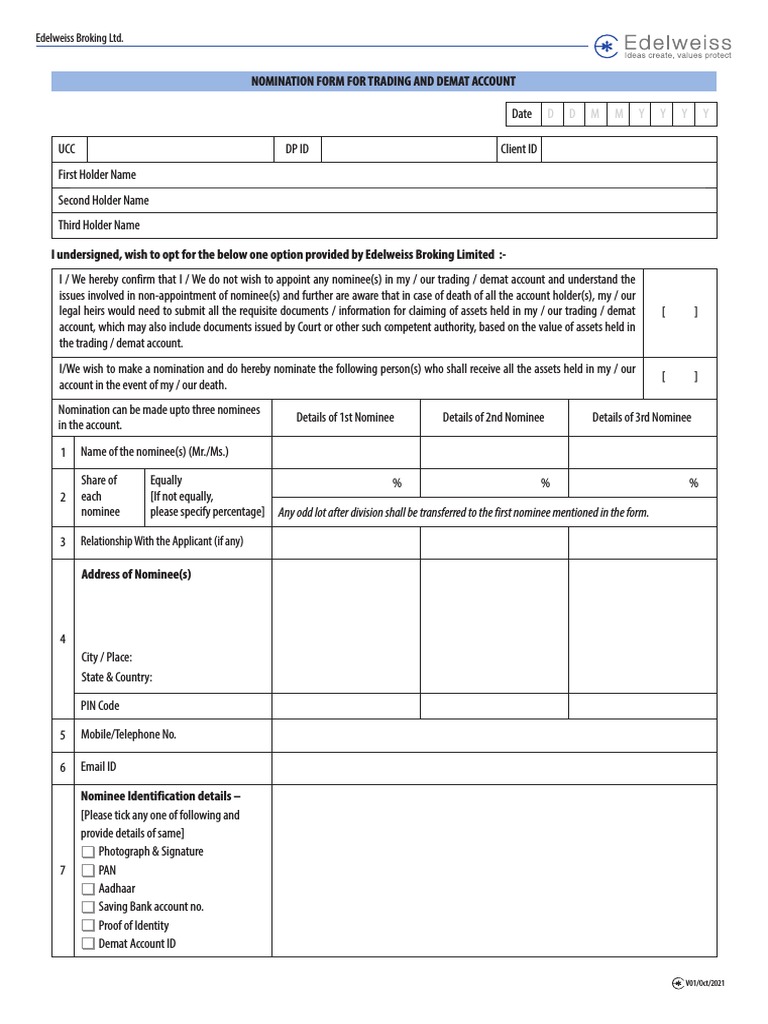 Nomination Form For Trading and Demat Account: Edelweiss Broking LTD | PDF