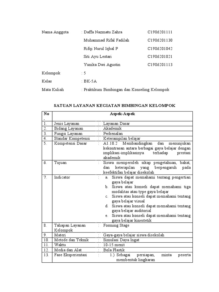 Kelompok 5 - Format Satuan Kegiatan Layanan BK | PDF