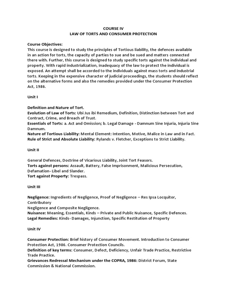 Law of Torts & Consumer Protection Syllabus 2019 | PDF | Tort | Common Law