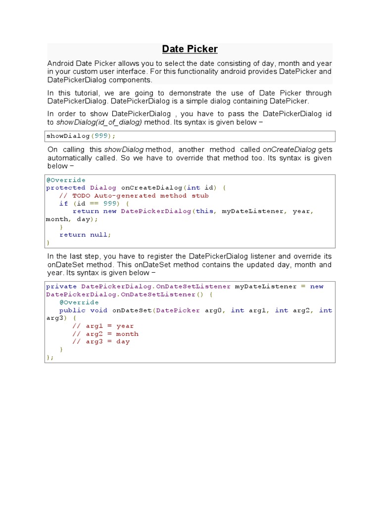Date Picker Showdialog Pdf Android Operating System Java Programming Language
