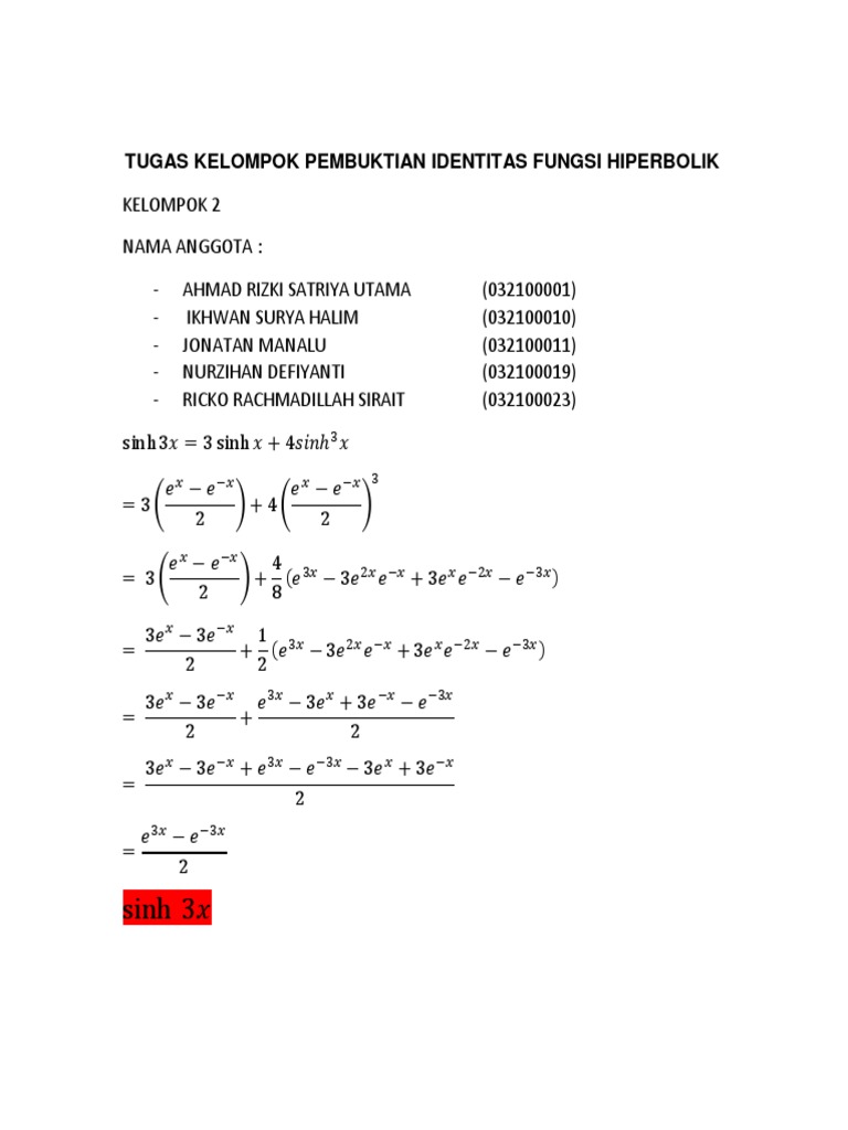 Kelompok 2 - Tugas Pembuktian Identitas Fungsi Hiperbolik | PDF