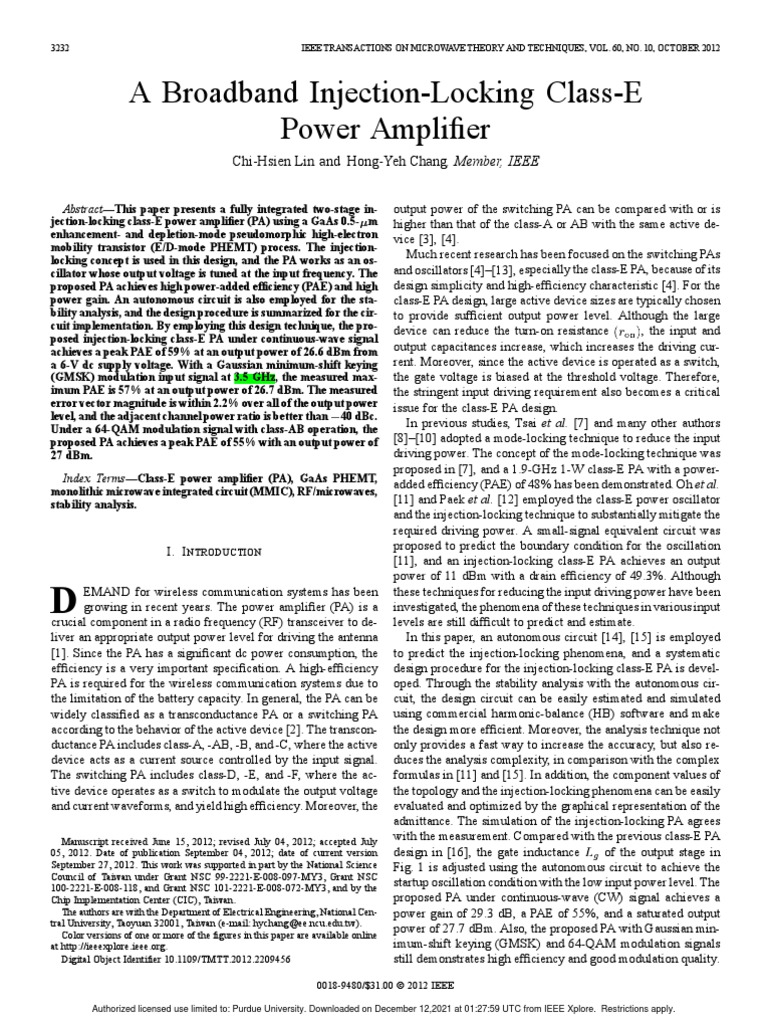 A Broadband Injection-Locking Class-E Power Amplifier: Chi-Hsien Lin ...