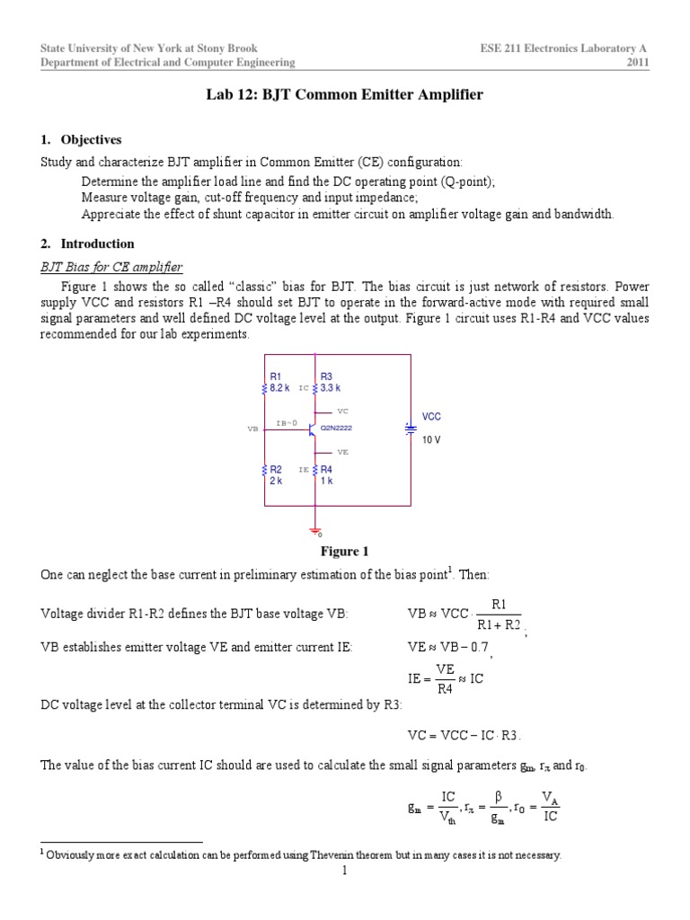 Lab 12: BJT Common Emitter Amplifier: 1. Objectives | PDF | Amplifier ...