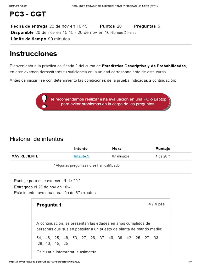 Pc3 - CGT - Estadistica Descriptiva y Probabilidades (8731) | PDF | Estadísticas