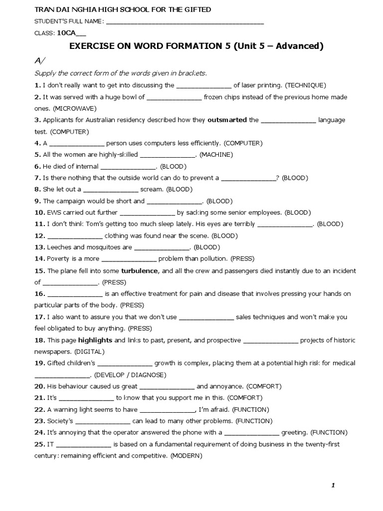 Exercise On Word Formation 5 (Unit 5 - Advanced) : Supply The Correct ...