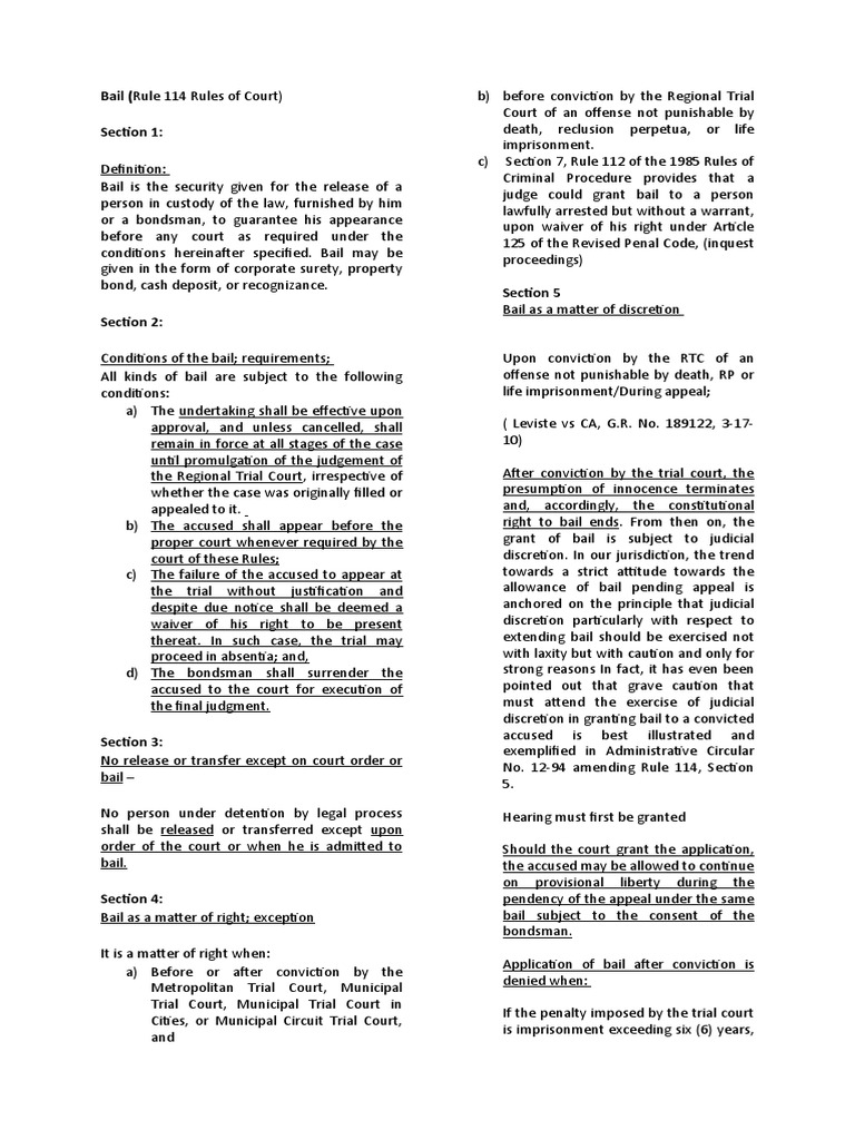 Bail (Rule 114 Rules of Court) Section 1 | PDF | Bail | Arrest