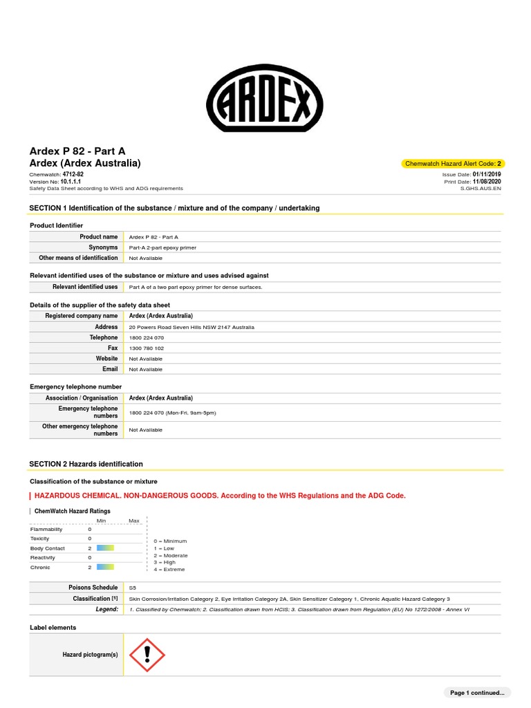 ARDEX P 82 Part A SDS | PDF | Toxicity | Dangerous Goods