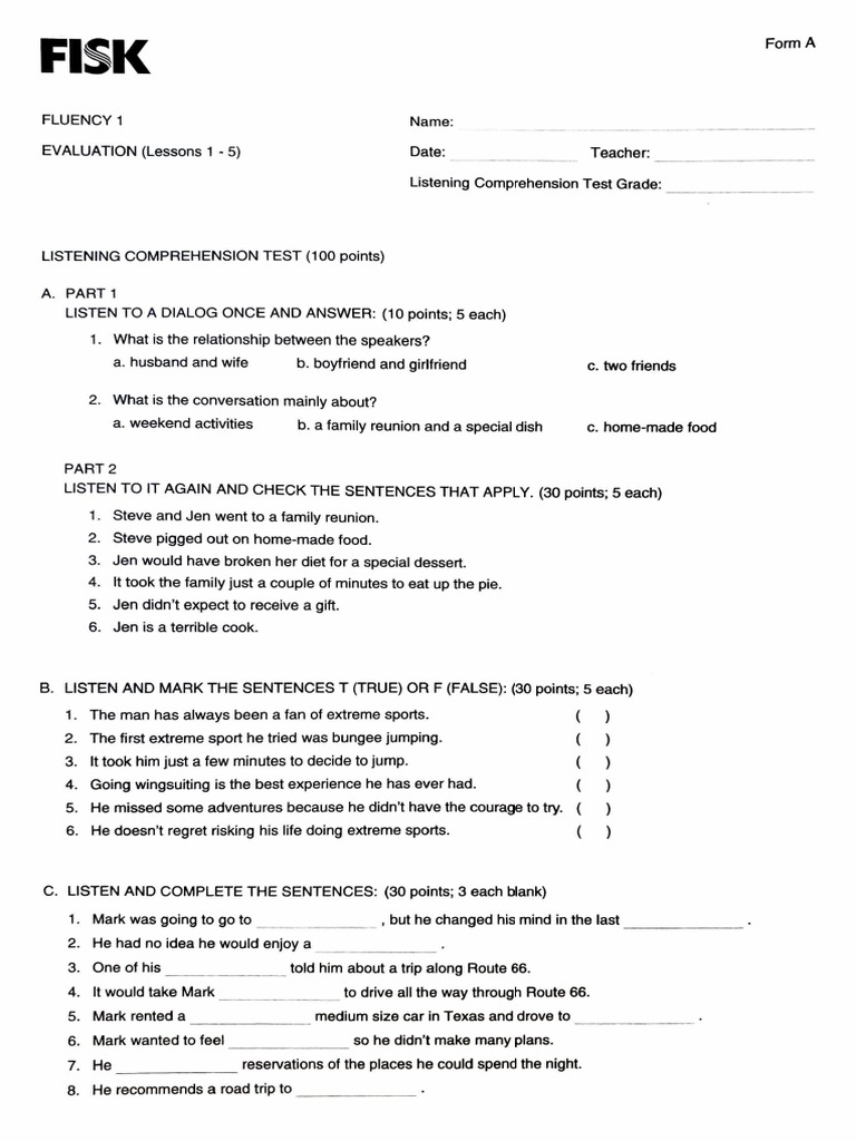 Listening Comprehension Test Grade:: Date Teacher | PDF
