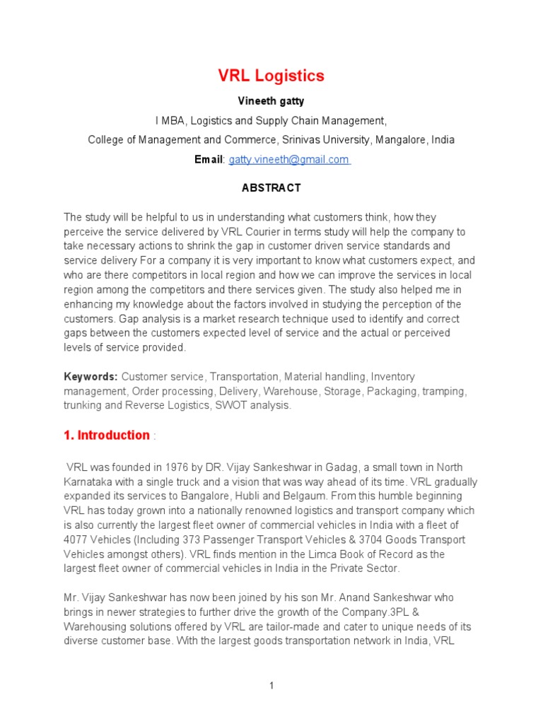 VRL Logistics | PDF | Perception | Warehouse