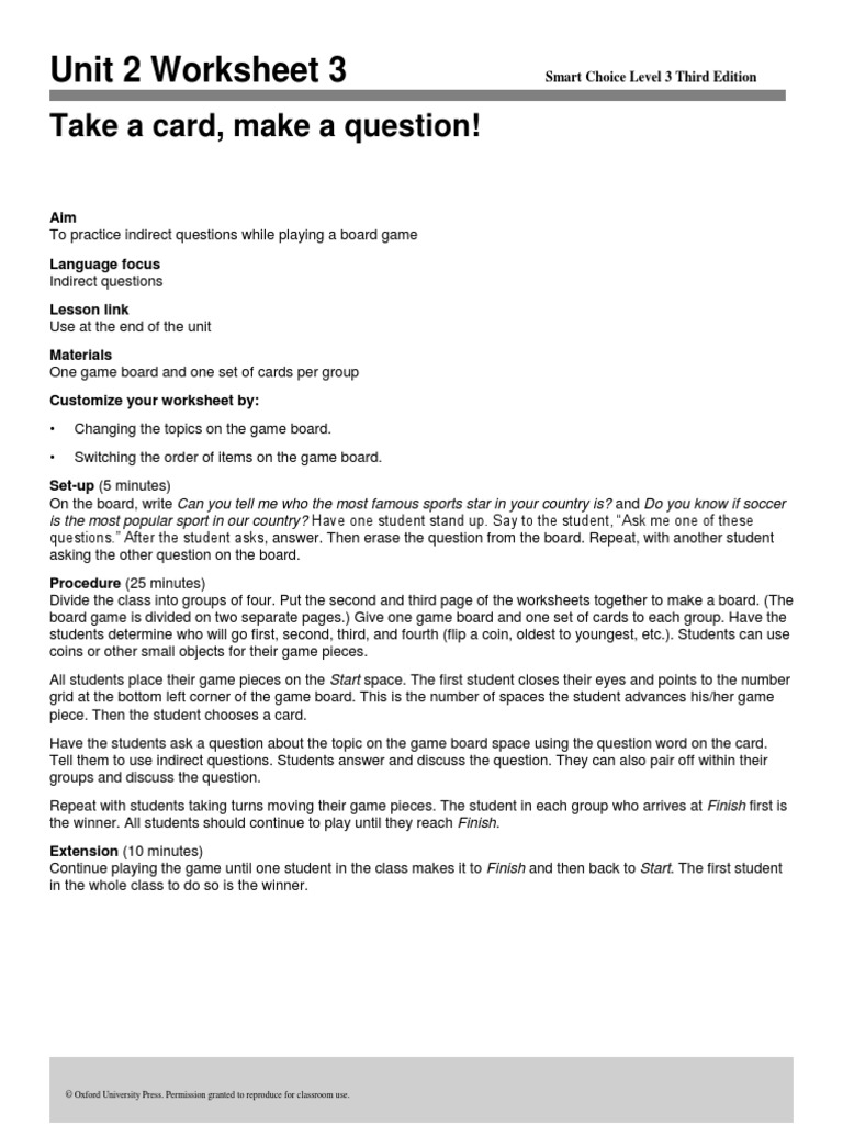 Unit 2 Worksheet 3: Take A Card, Make A Question! | PDF | Question | Communication