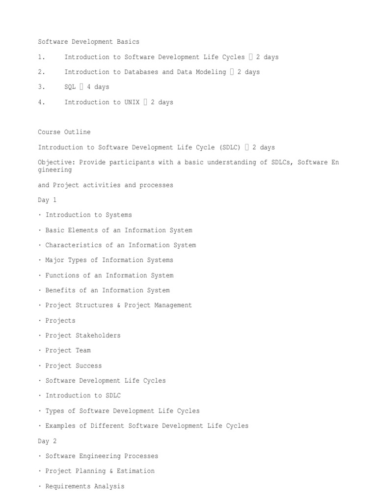 Software Development Basic Course Outline | PDF | Software Development | Databases