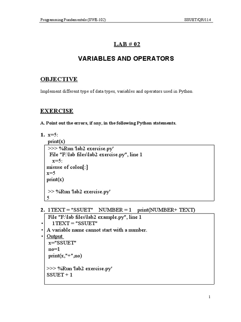 Lab 02 Variables And Operators Objective Pdf Computer Engineering Variable Computer 9660