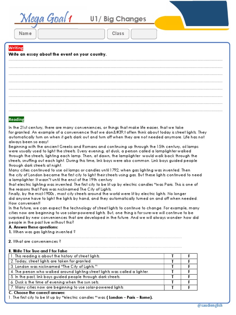 Mega Goal 1 Worksheet Unit 1 | PDF | Street Light